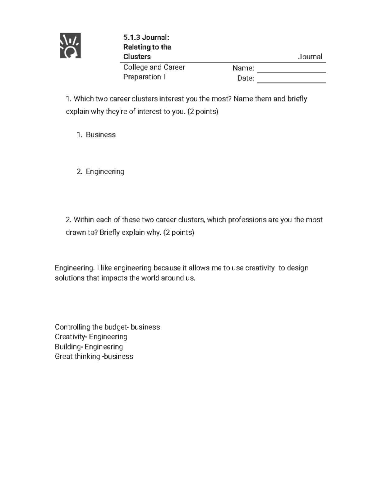 5.1.3 Journal: Career Clusters & Personal Interests Analysis - Studocu