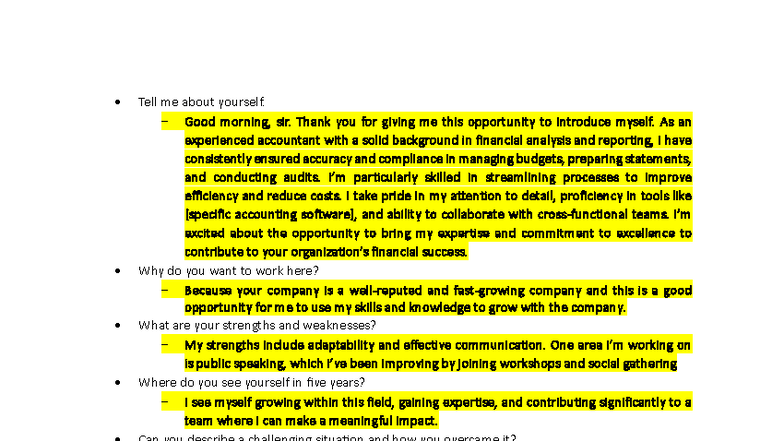 Interview Preparation Notes: Tell Me About Yourself - Studocu