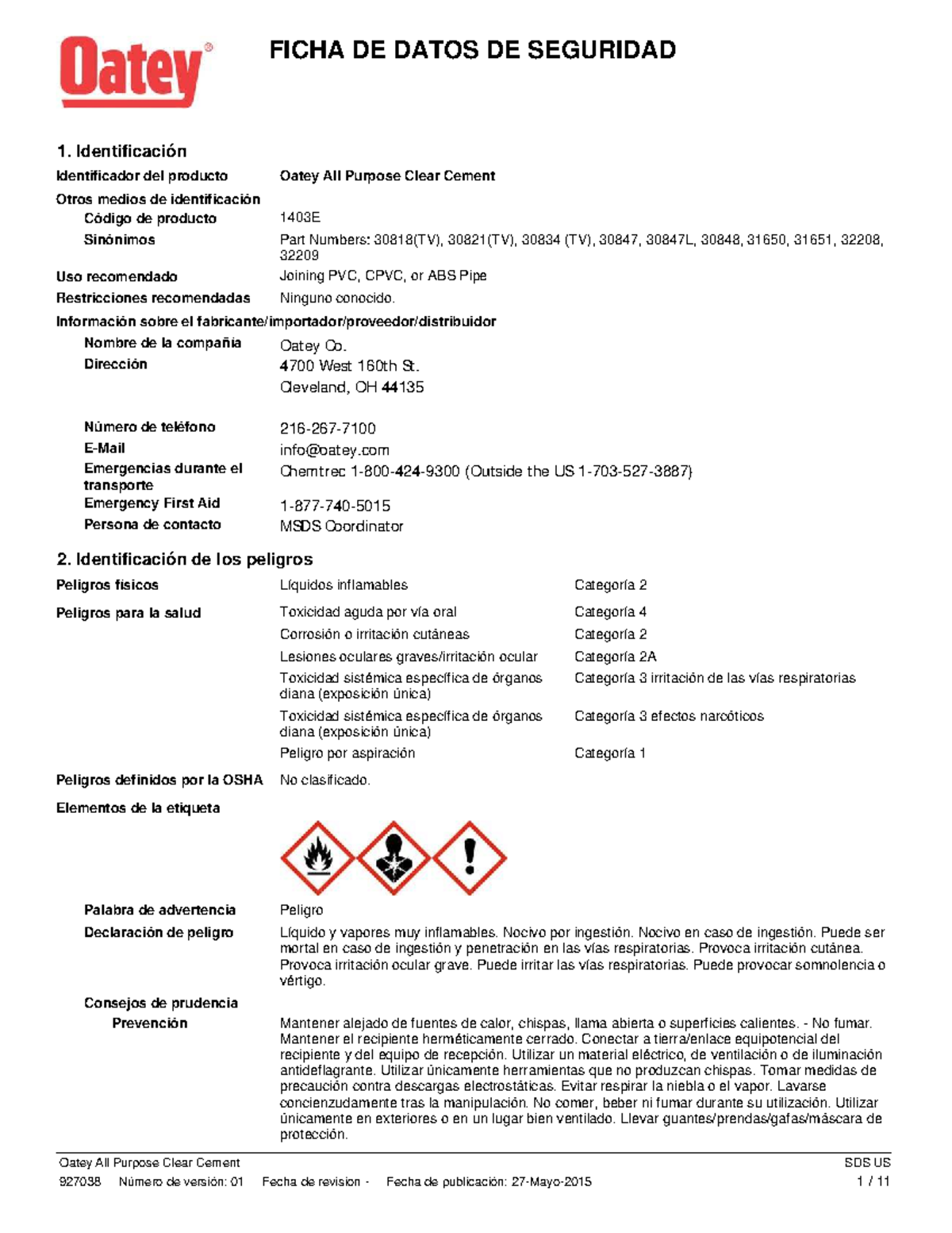 MSDS Oatey All Purpose Clear Cement 1403E - Seguridad y Manejo - Studocu