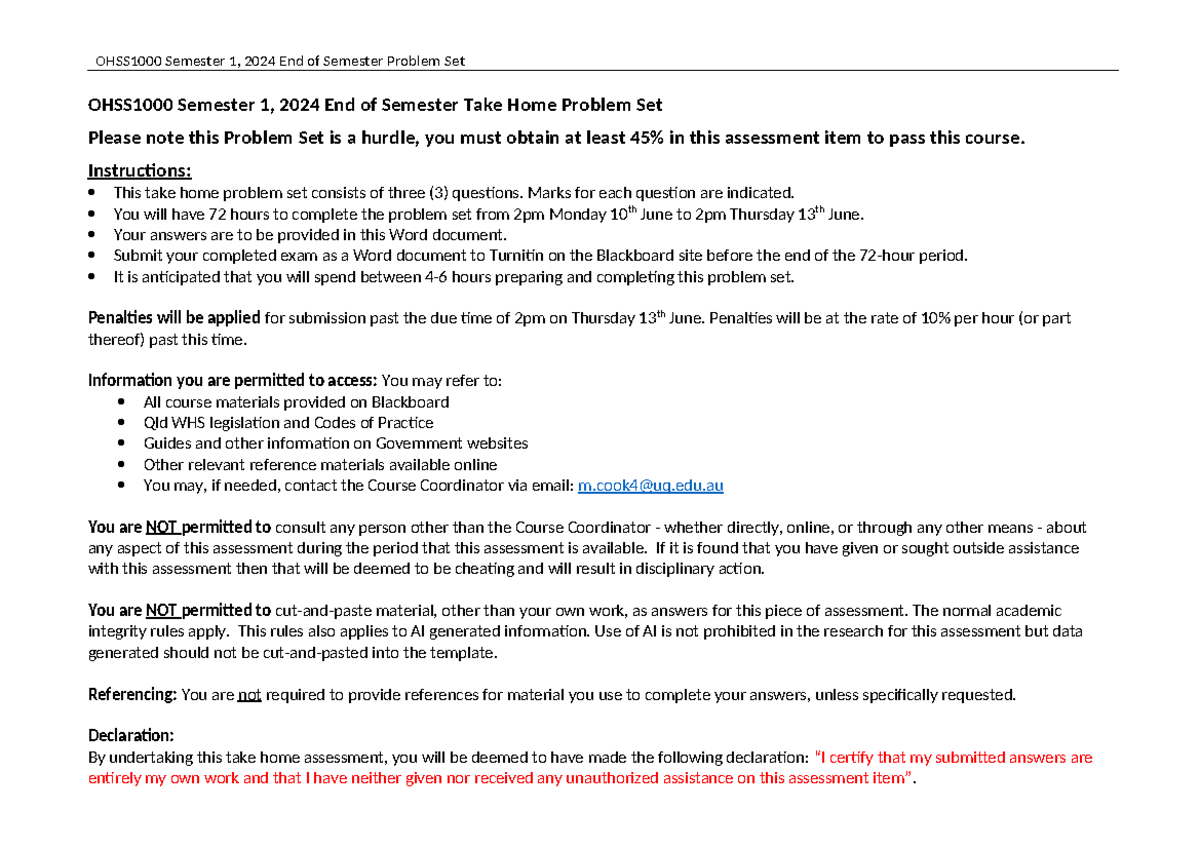 OHSS1000 Sem 1 2024 EOS Problem Set - OHSS1000 Semester 1, 2024 End of ...