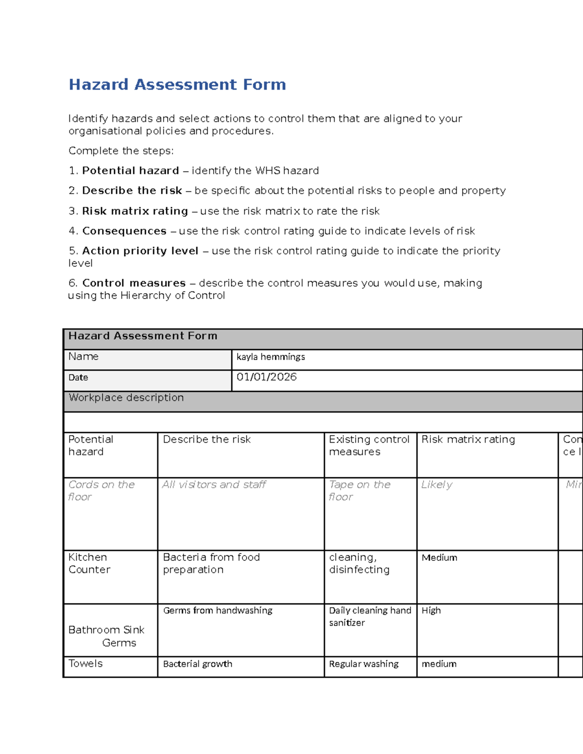 Hazard Assessment Form: Identifying and Controlling Risks - Studocu