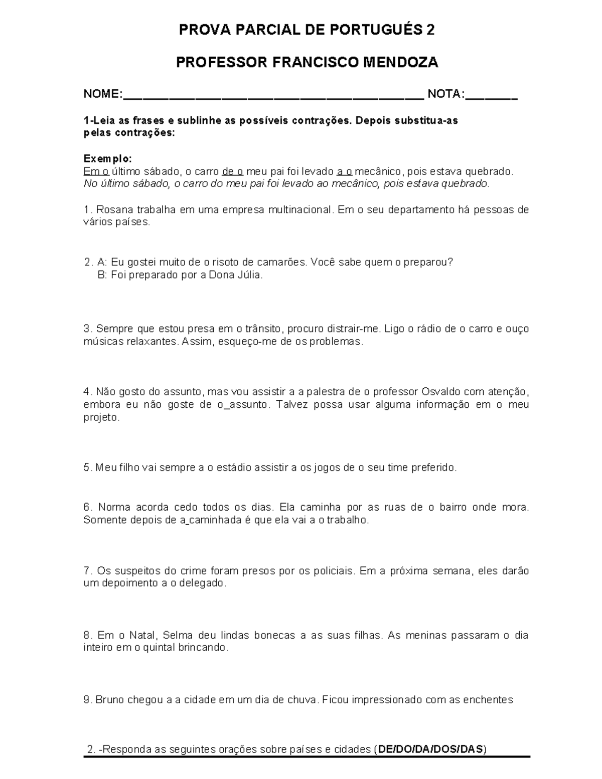 Prova Parcial de Português 2: Análise de Contrações e Frases - Studocu