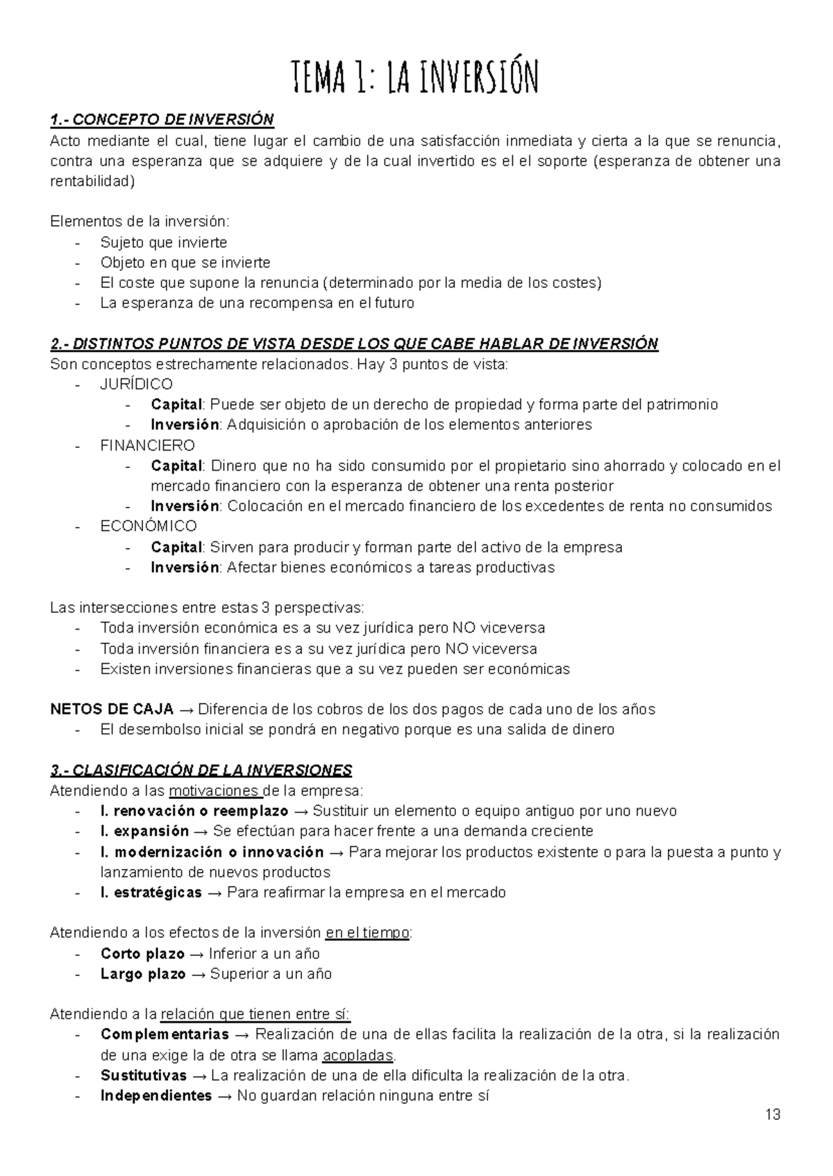 TEMA 1: CONCEPTO Y CLASIFICACIÓN DE LA INVERSIÓN - Studocu