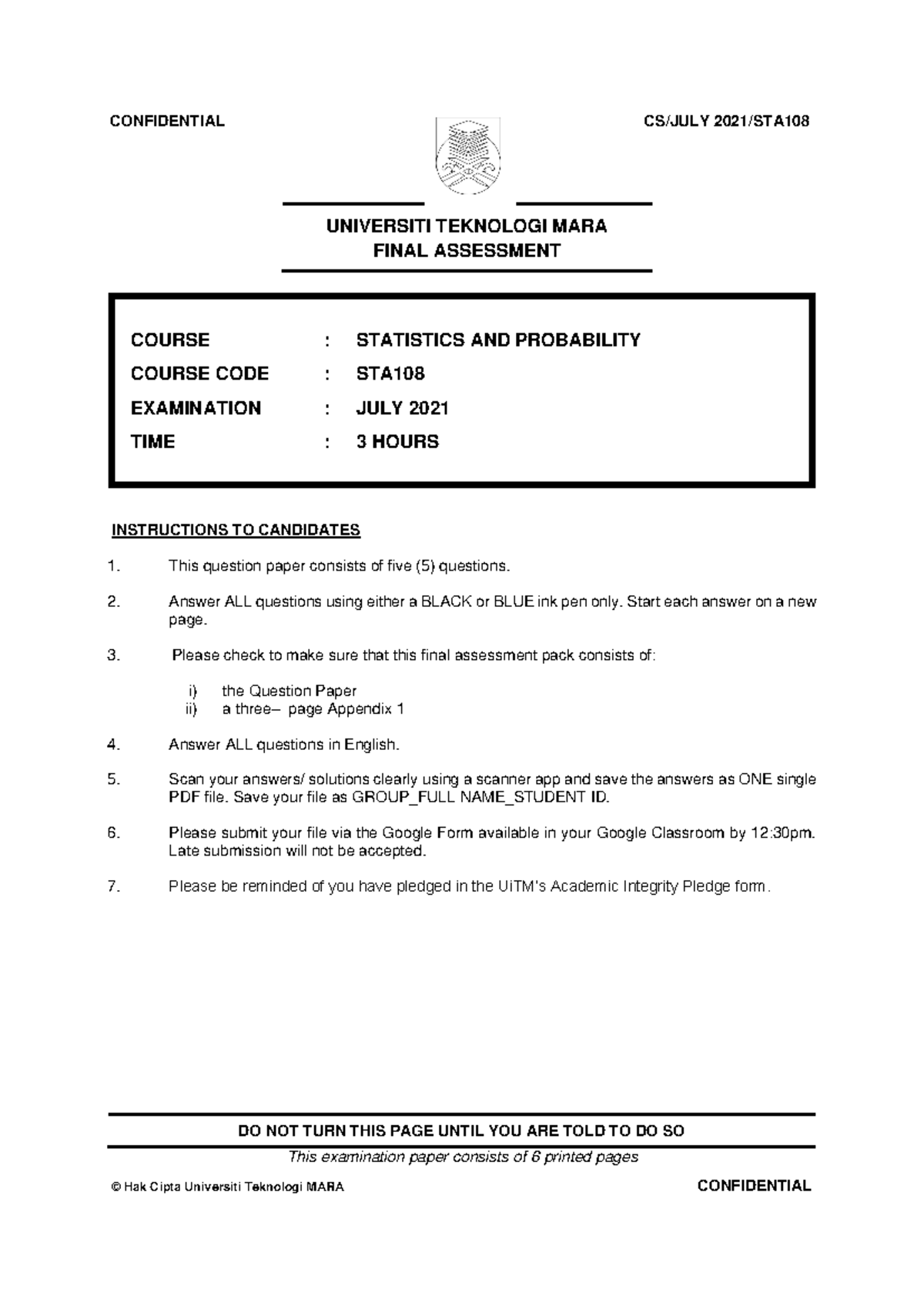 Sta108 set 1 july2021 final question - ####### UNIVERSITI TEKNOLOGI ...