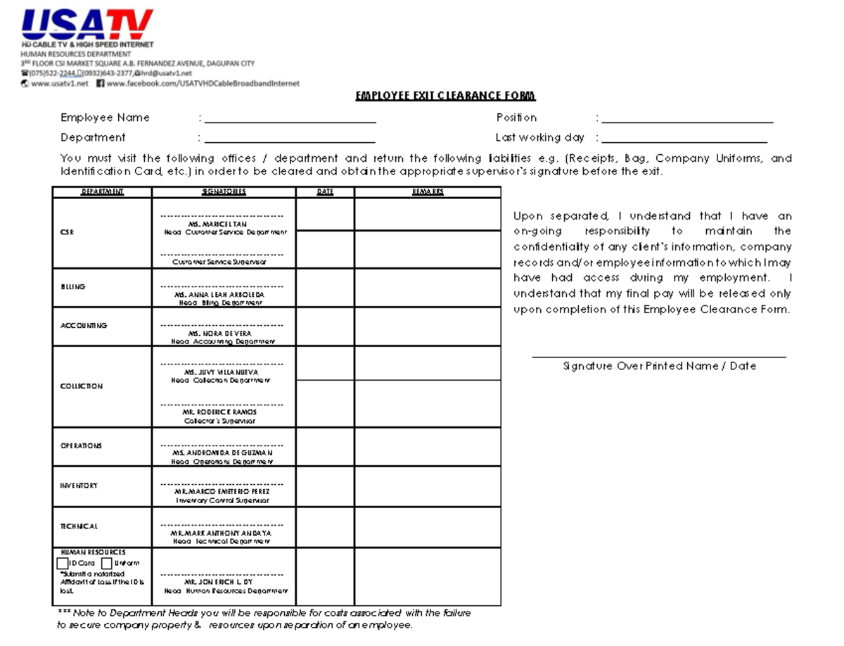 EXIT Clearance FORM - vdvad - *** Note to Department Heads you will be ...