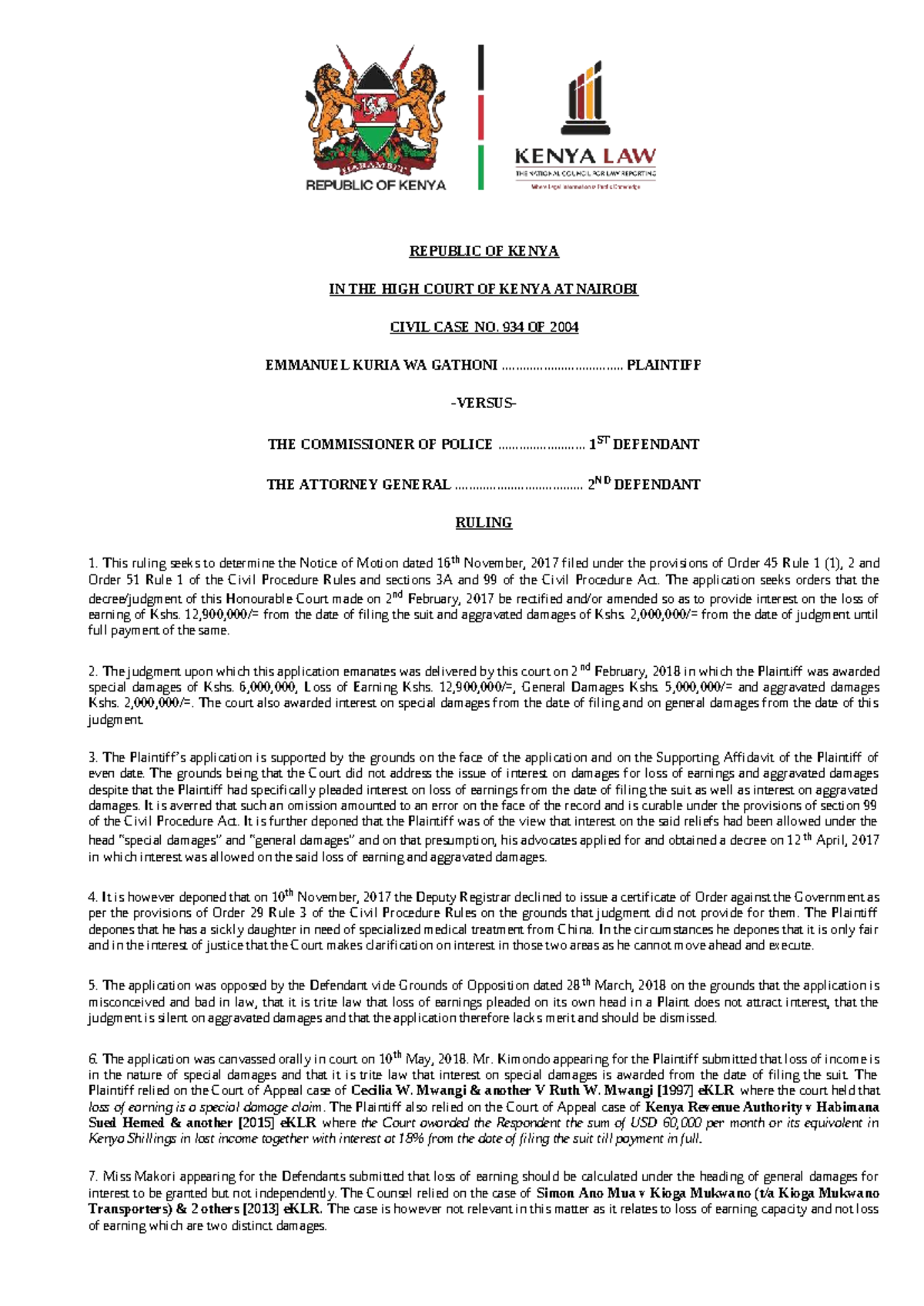 Emmanuel Kuria Wa Gathoni v Commissioner of Police: Ruling on Interest ...