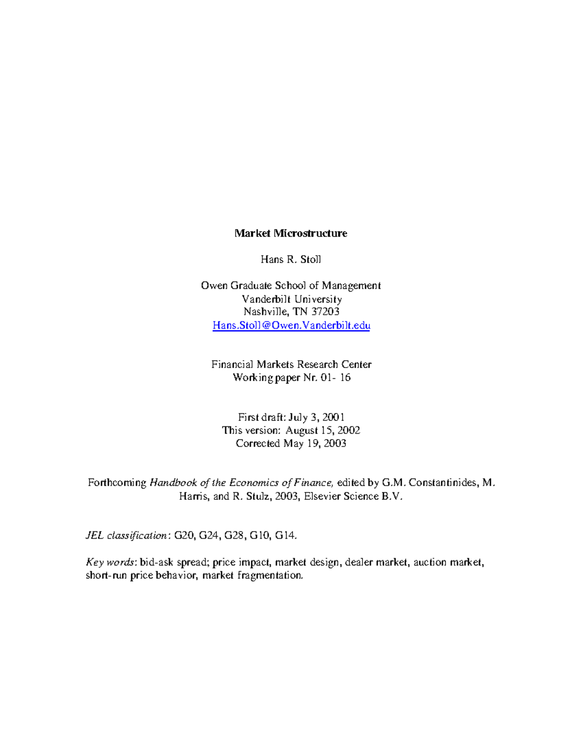 Stollmicrostructure - Notes - Market Microstructure Hans R. Stoll Owen ...
