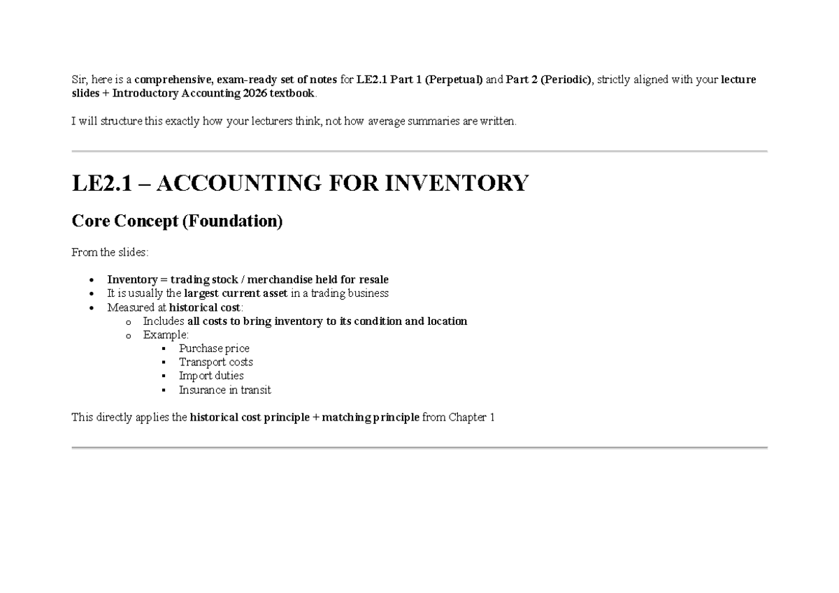 Comprehensive Exam Notes for LE2.1: Inventory Systems (Perpetual ...