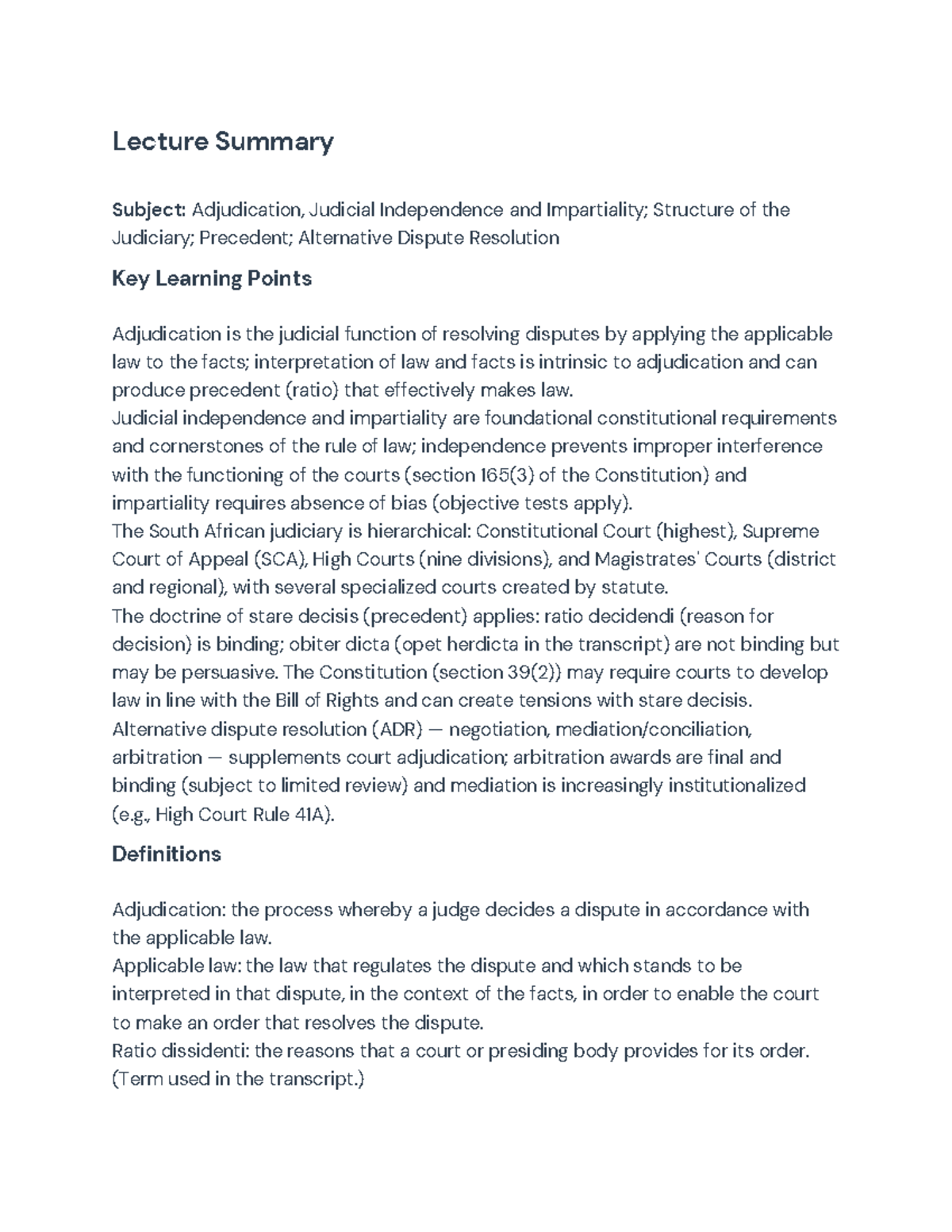 Lecture Summary: Adjudication and Judicial Independence - Studocu