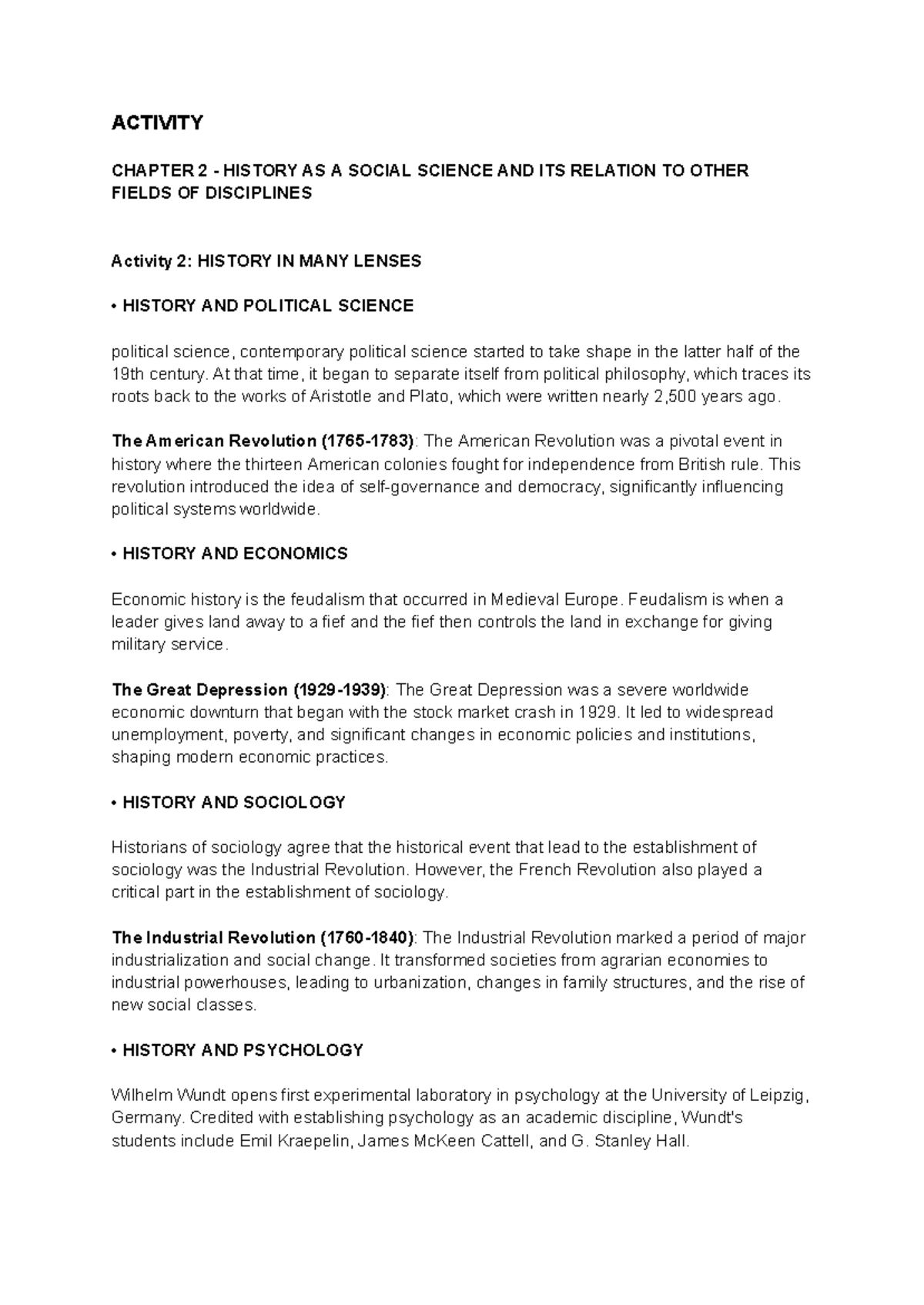 HIST 101: Activity 2 - Examining History Through Various Lenses - Studocu