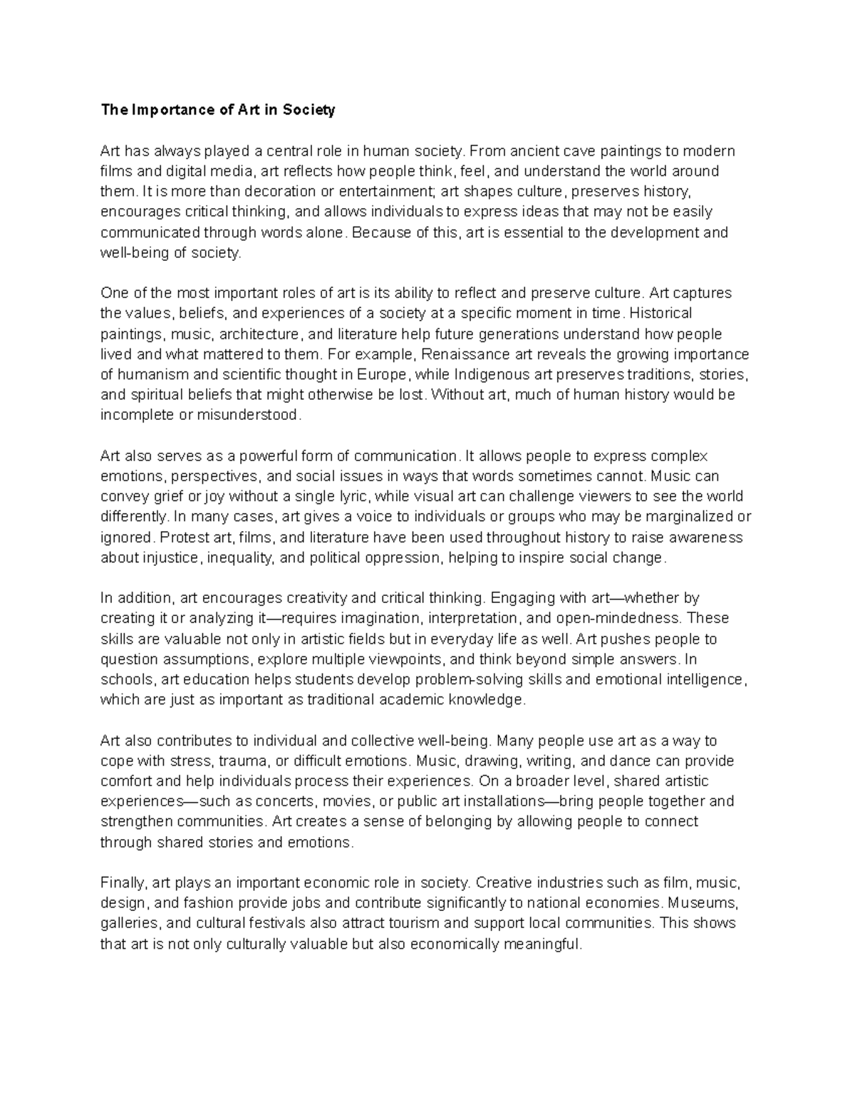 The Role of Art in Society: Culture, Communication, and Economy - Studocu