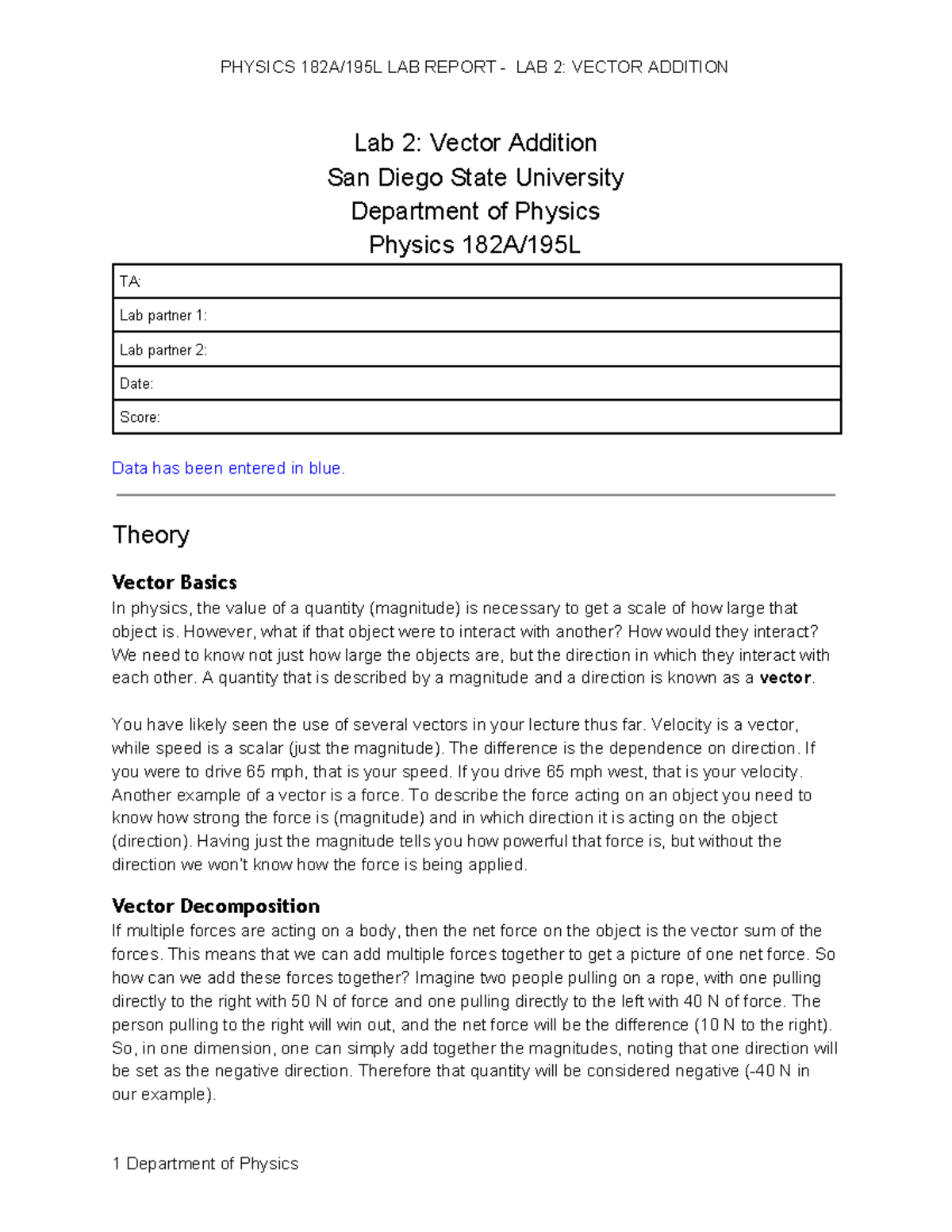 PHYS 101 LAB 2: VECTOR ADDITION REPORT - Studocu