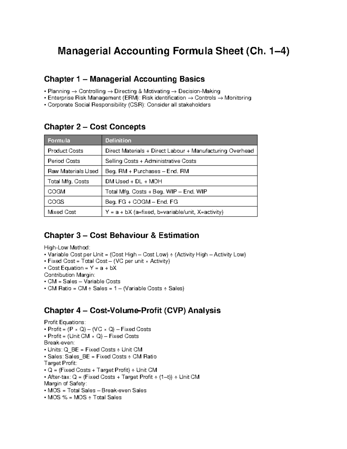 Managerial Accounting Formula Sheet (ACC 101) - Key Concepts ...