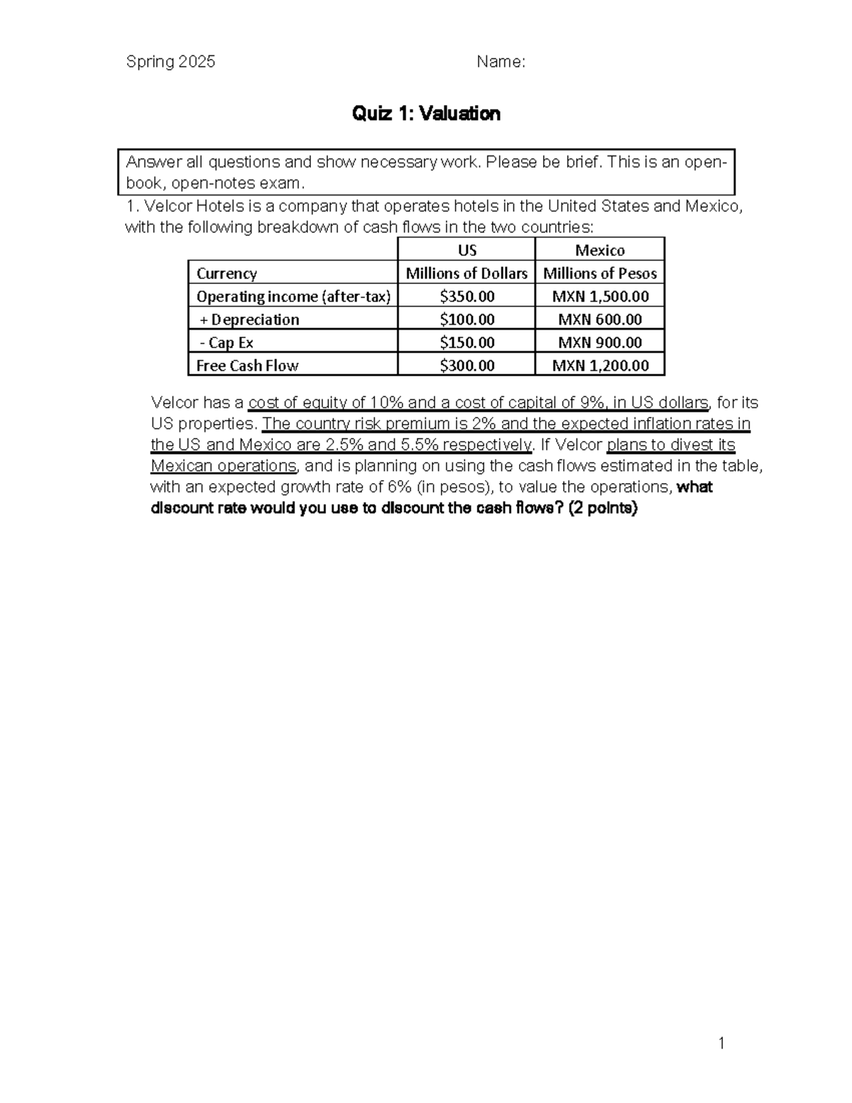 Quiz 1: Valuation Practice Problems - Spring 2025 MBA - Studocu
