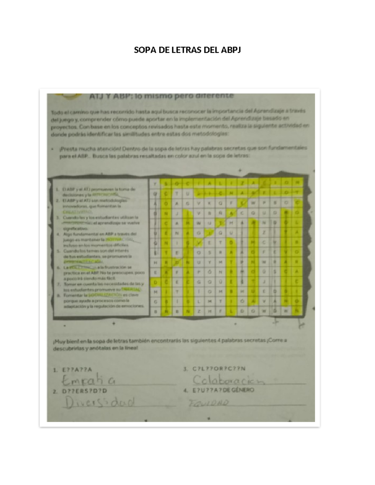 SOPA DE Letras DEL ABPJ - es importante la inclusión en el aula - SOPA ...