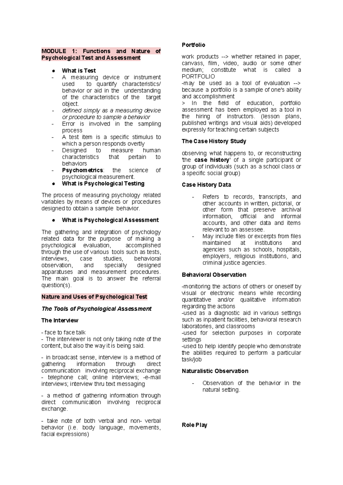 Psychological Assessment Overview: Key Functions and Tools - Studocu