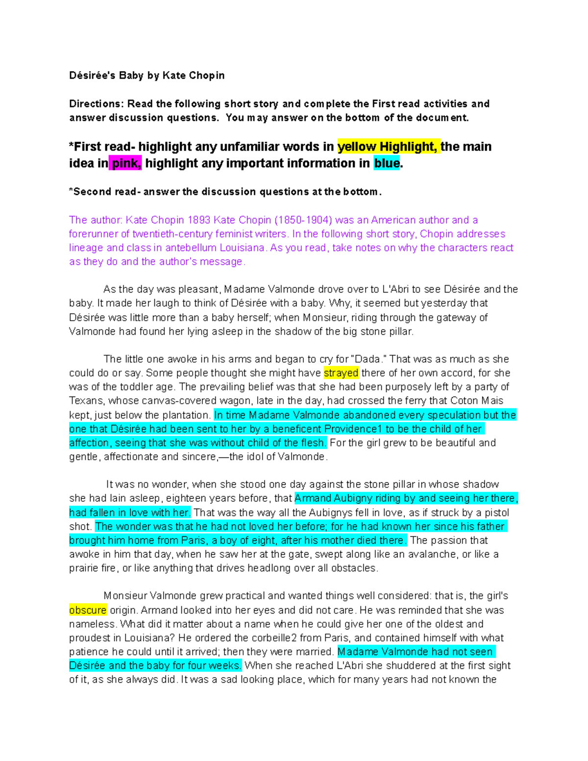 Désirée's Baby (ENG 101) - Discussion Questions & Analysis Guide - Studocu