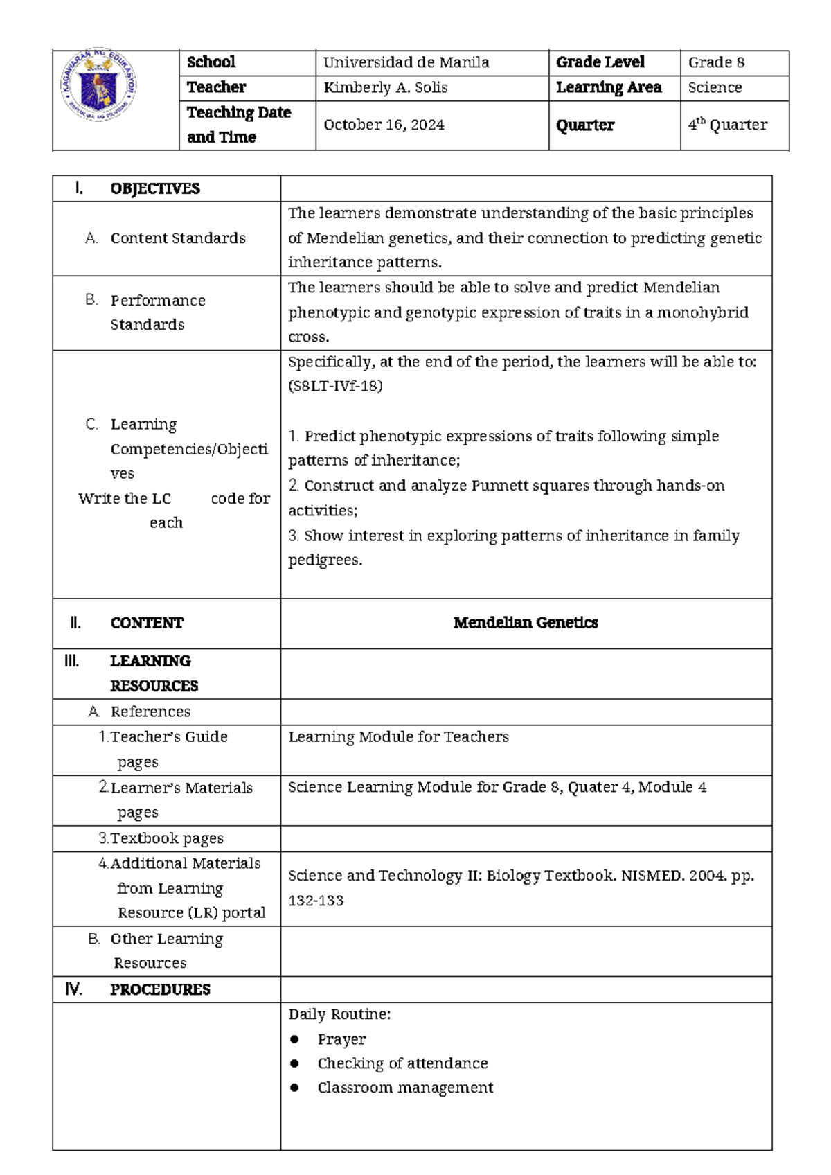 Chemistry Lesson Plan - School Universidad de Manila Grade Level Grade ...