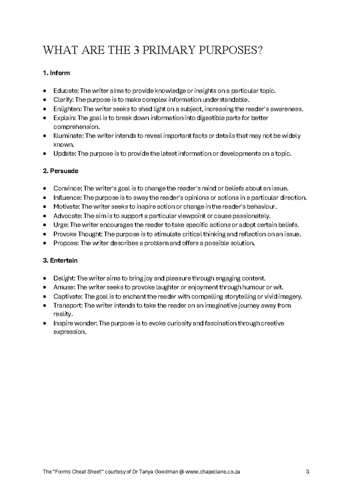 3 Primary Purposes of Writing: Inform, Persuade, Entertain - Studocu