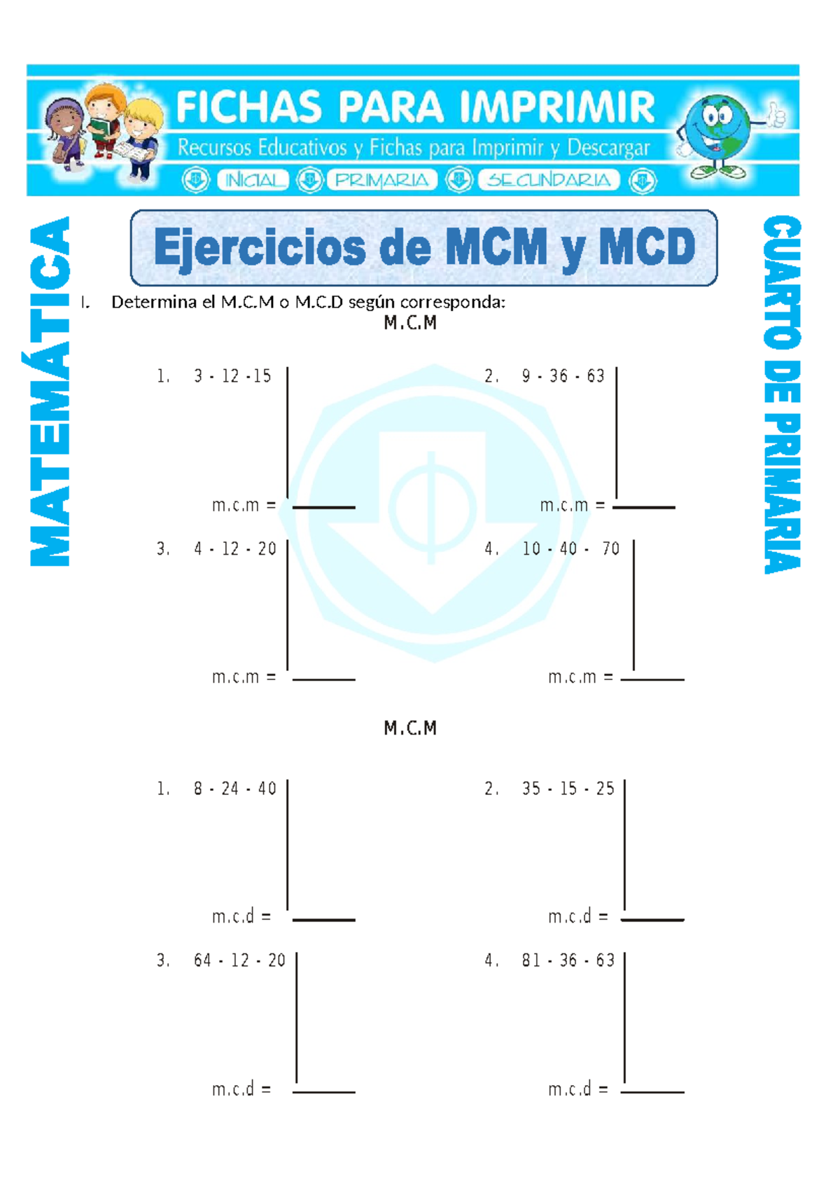 Ejercicios de MCM y MCD - Cuarto de Primaria - Studocu