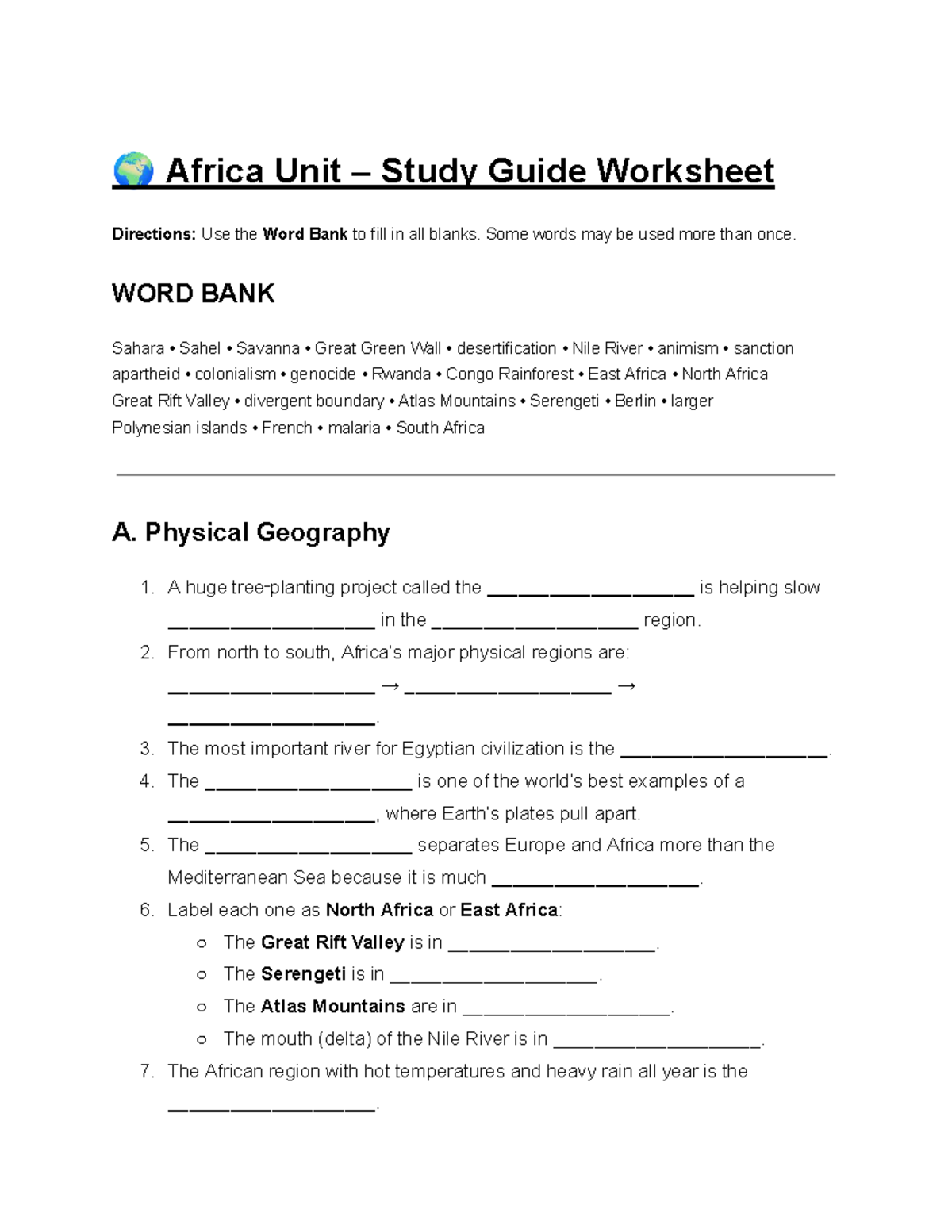 Africa Unit 8 Study Guide: Physical Geography & Key Concepts - Studocu