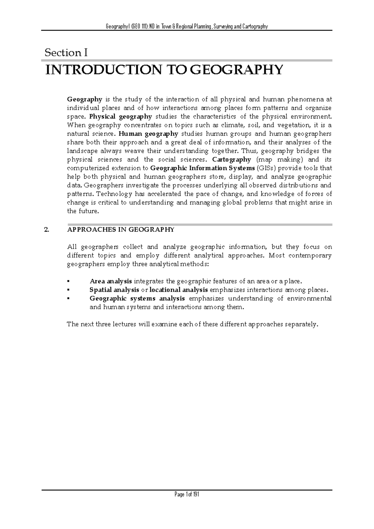 Geography Notes 2005 C - Section I INTRODUCTION TO GEOGRAPHY Geography ...