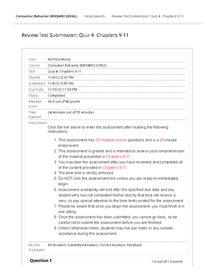MK340-61 Quiz 2- Chapters 3-5 – - Consumer Behavior (MK3406122FA2 ...