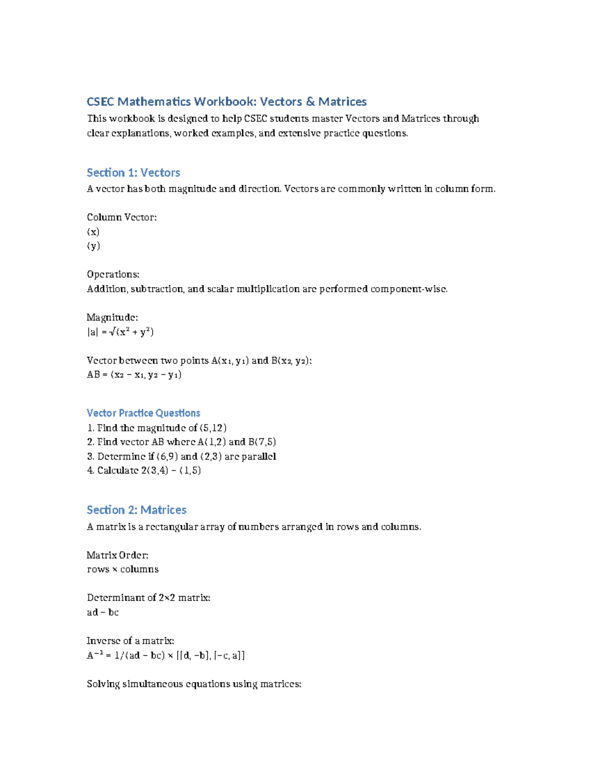 CSEC Mathematics Workbook: Vectors & Matrices Practice Guide - Studocu