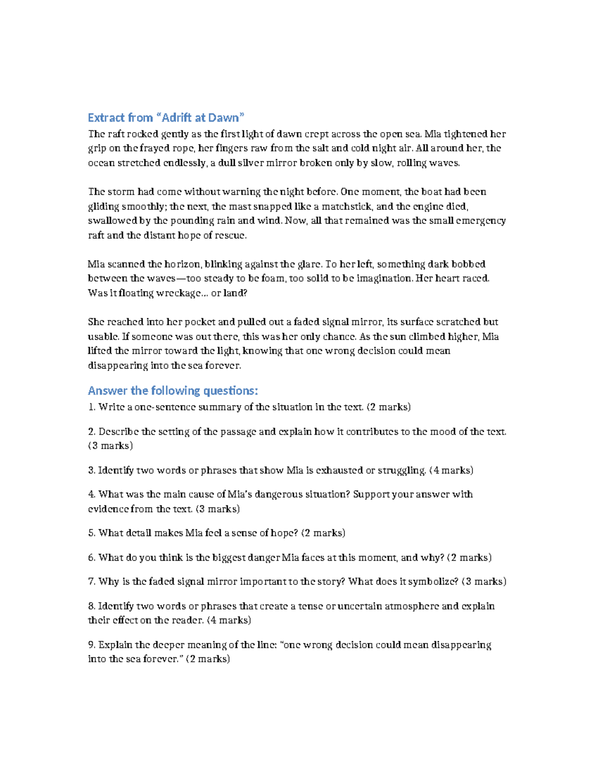 Grade 8 Adrift at Dawn Reading Test Analysis and Questions - Studocu