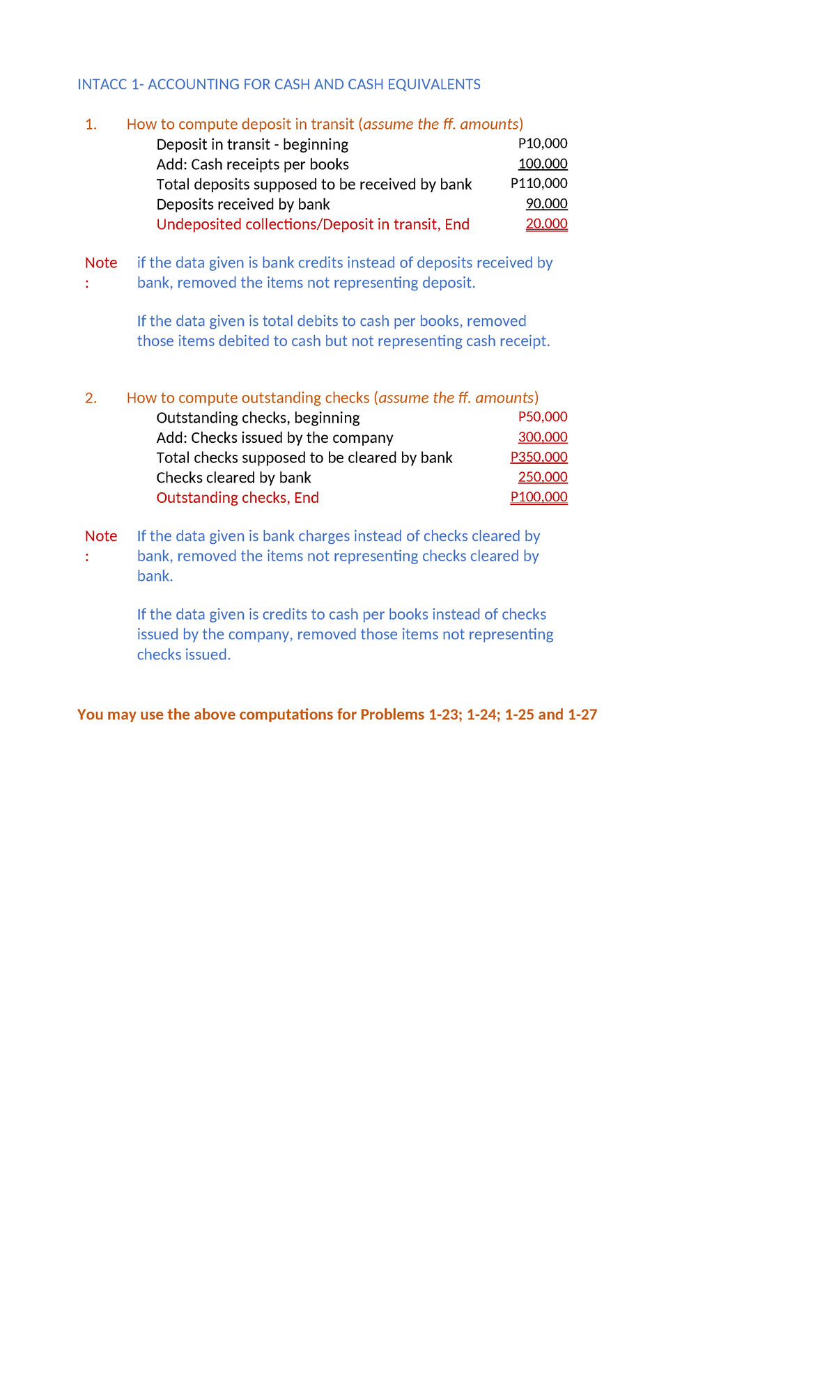 INTACC 1: Cash Deposit in Transit & Outstanding Checks Guide - Studocu