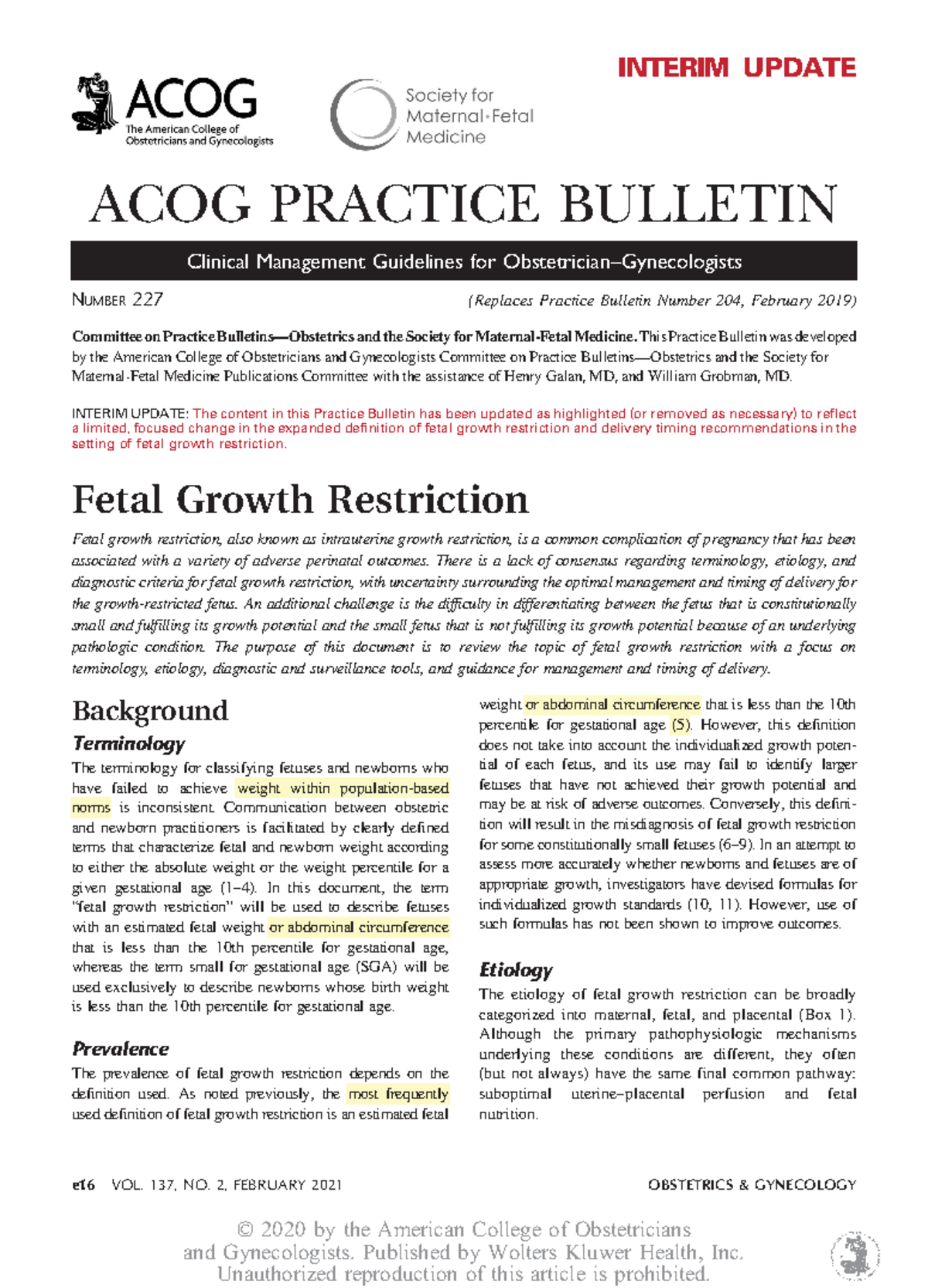 ACOG Practice Bulletin No. 227: Fetal Growth Restriction Guidelines ...