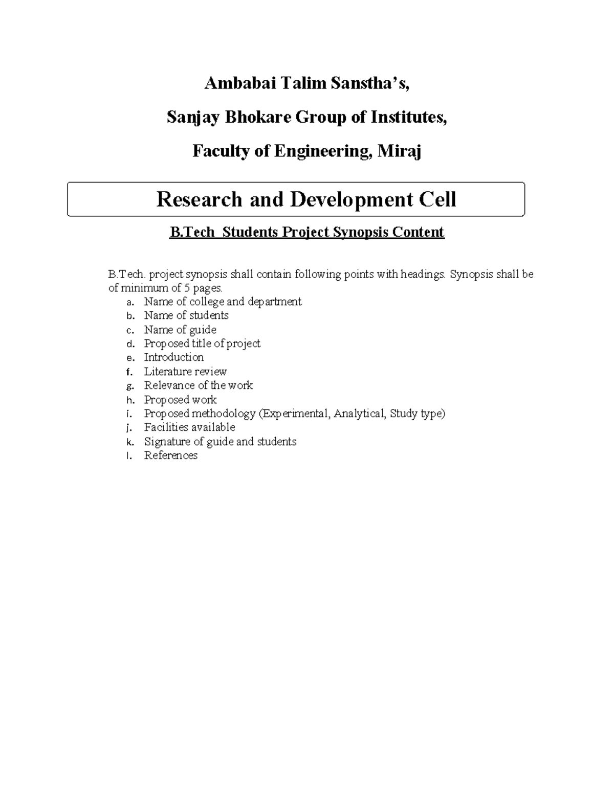 B.Tech Project Synopsis Format - Sanjay Bhokare Institute - Studocu