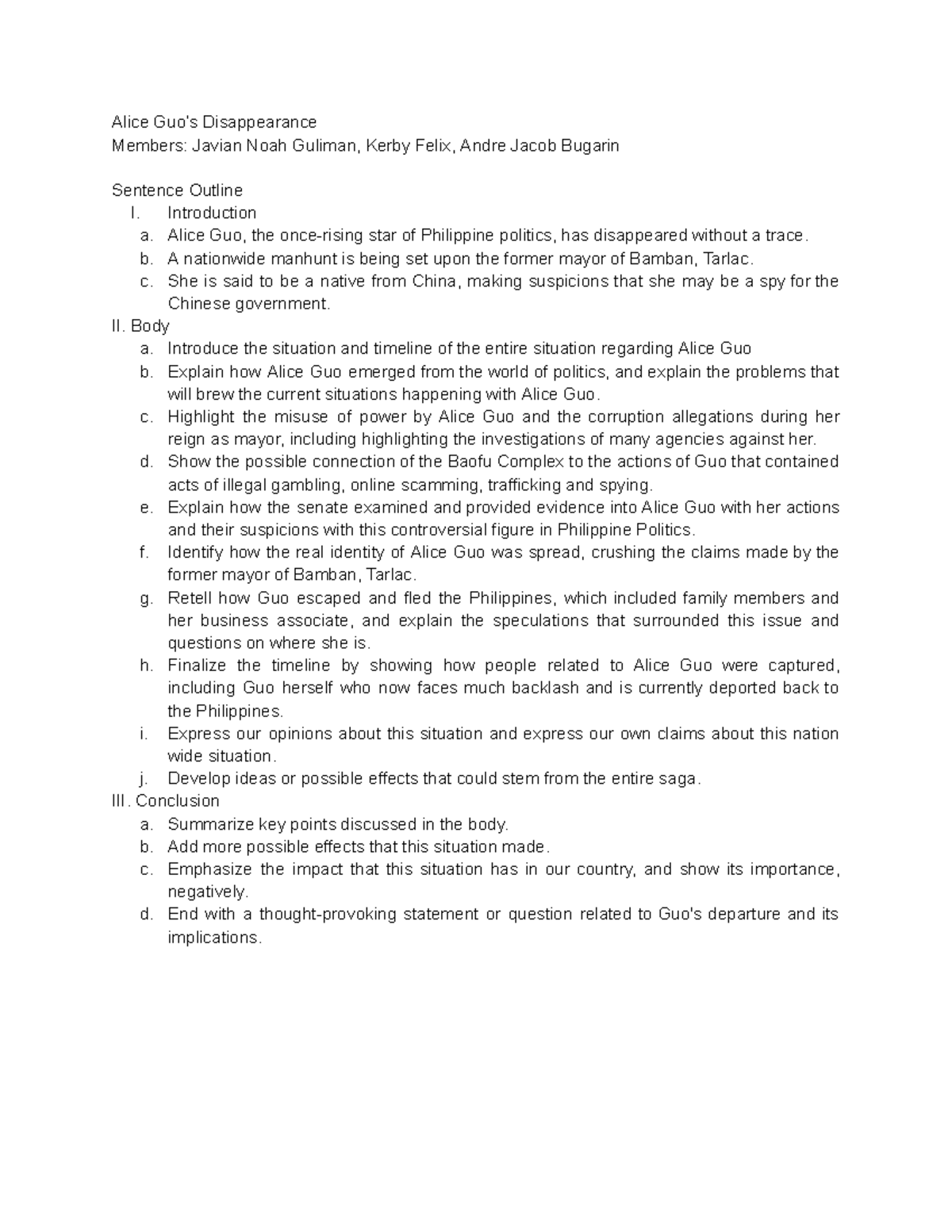 Sentence Outline - Podcast - Alice Guo’s Disappearance Members: Javian ...