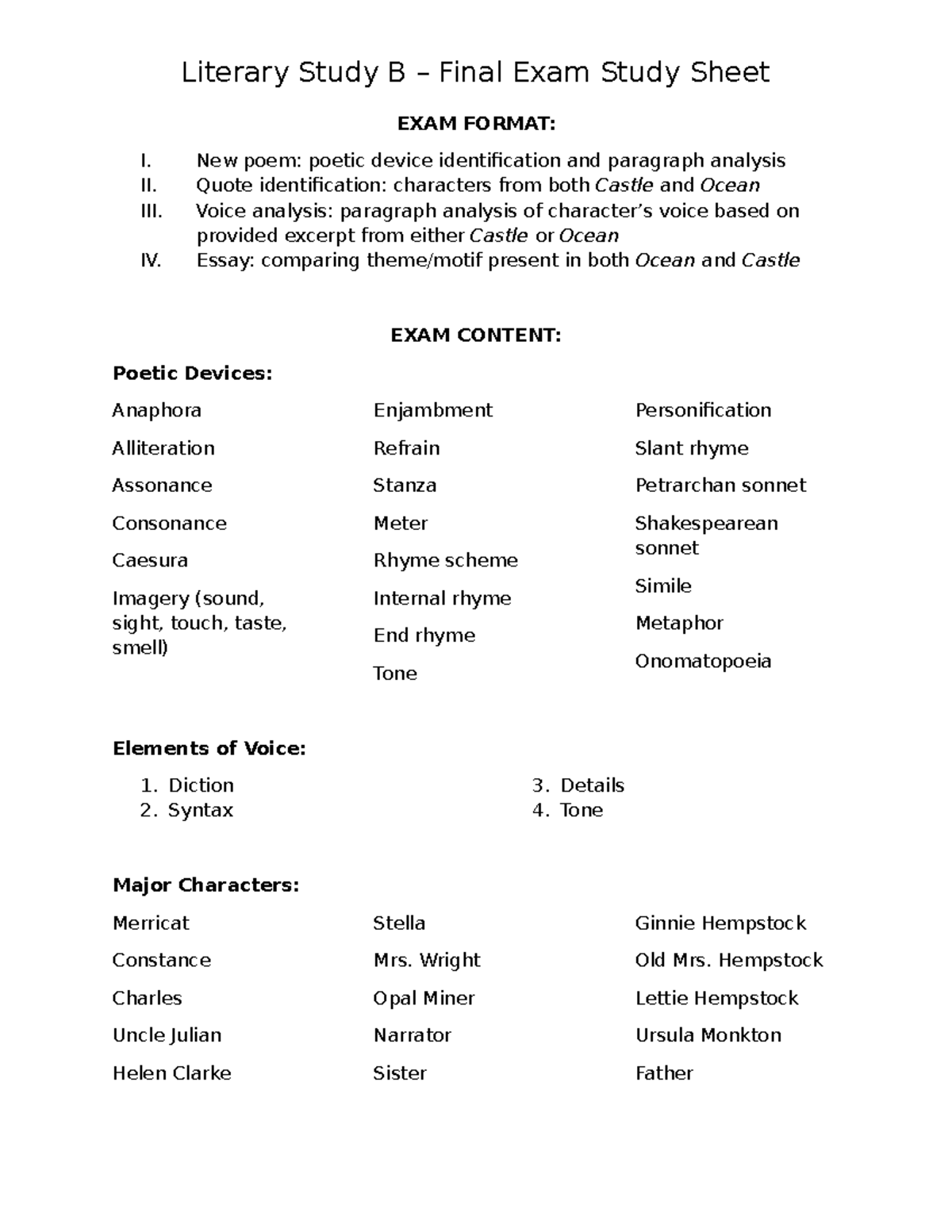 Literary Study B - Final Exam Study Guide: Poetic Devices & Themes ...