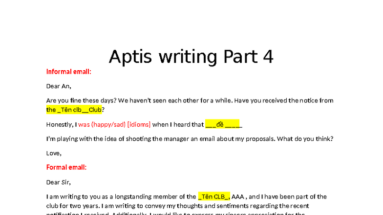Aptis Writing Part 4: Informal & Formal Email Examples - Studocu
