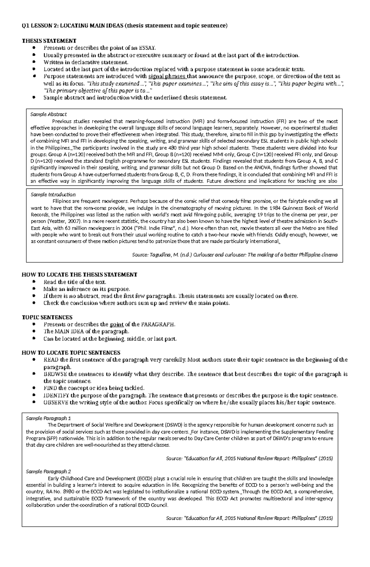 Q1 LESSON 2: LOCATING MAIN IDEAS & THESIS STATEMENTS - Studocu