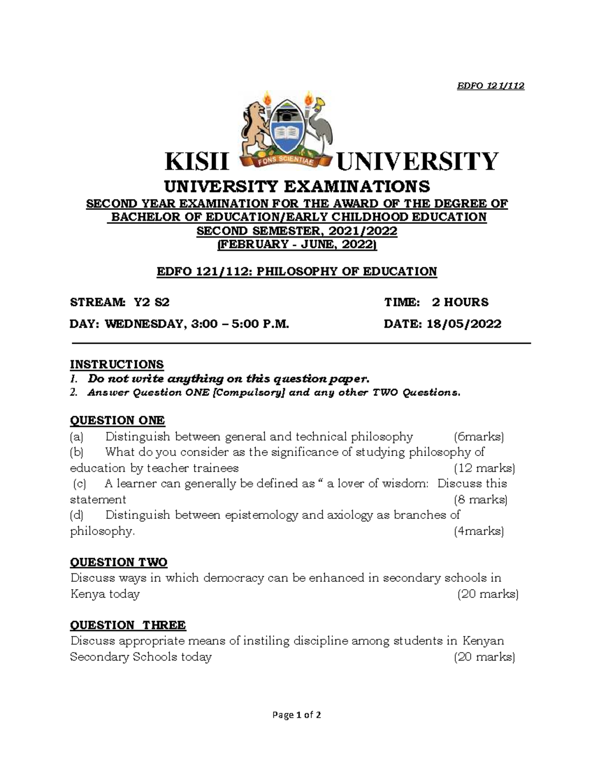 EDFO 121 - Philosophy of Education Exam Notes for Y2 S2 - Studocu