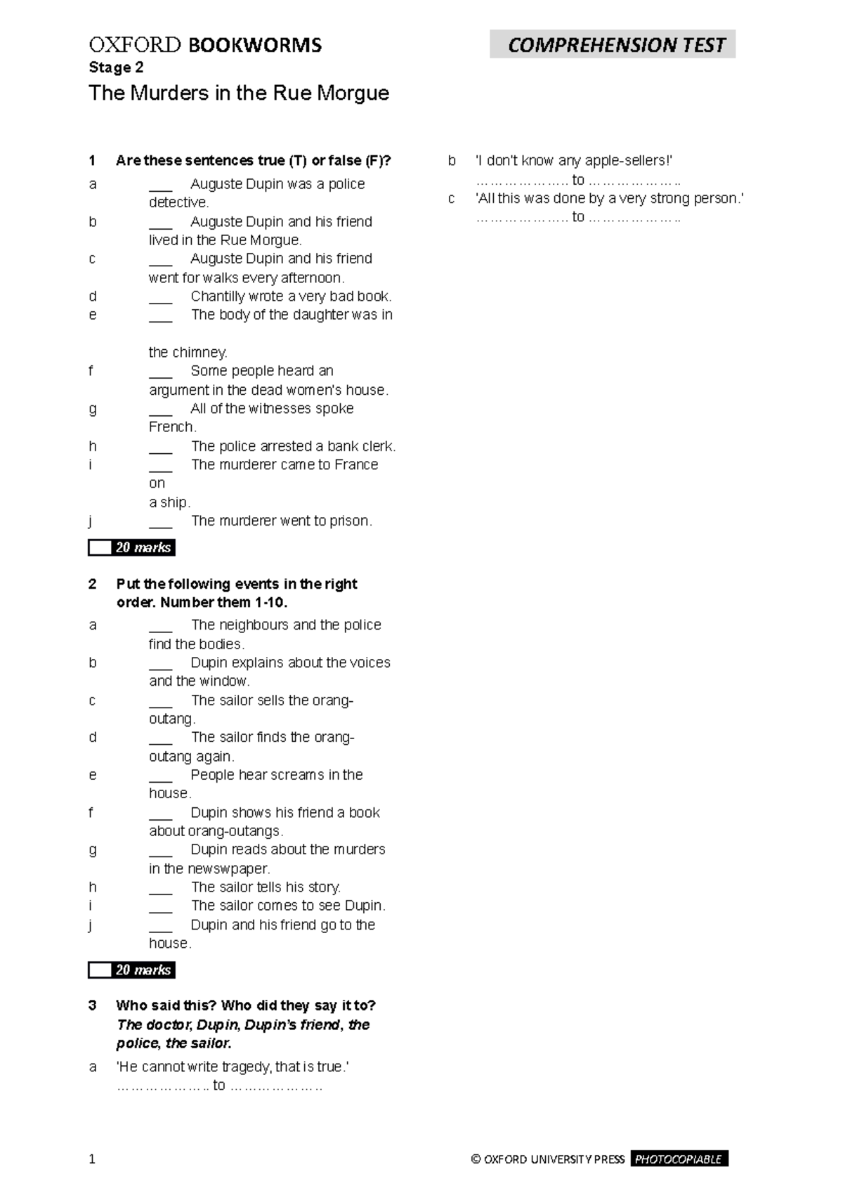 Final Exam: OXFORD BOOKWORMS Stage 2 - The Murders in the Rue Morgue ...