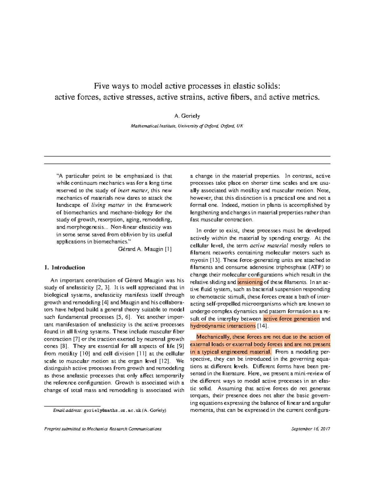 Active Tissue Modeling Approaches in Elastic Solids: A Comprehensive ...