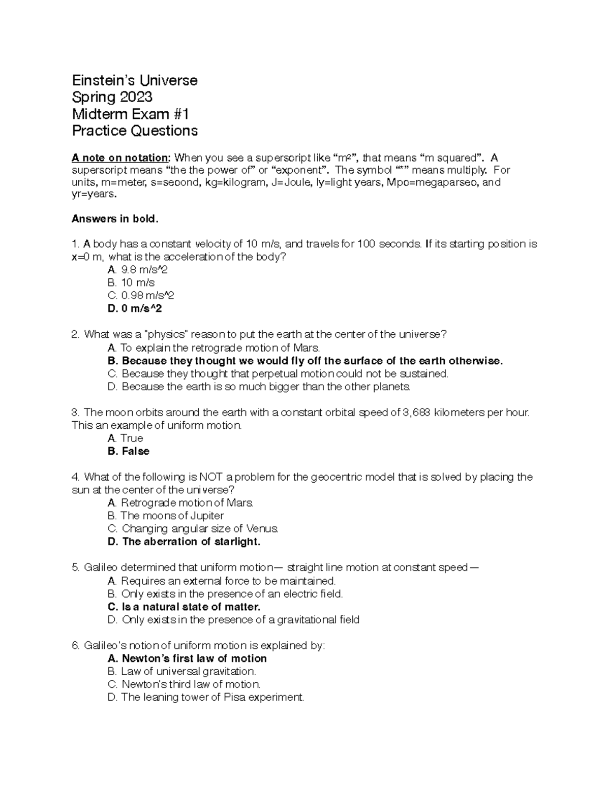 Midterm 1 practice answers - Copy - Einstein’s Universe Spring 2023 Midterm Exam Practice ...