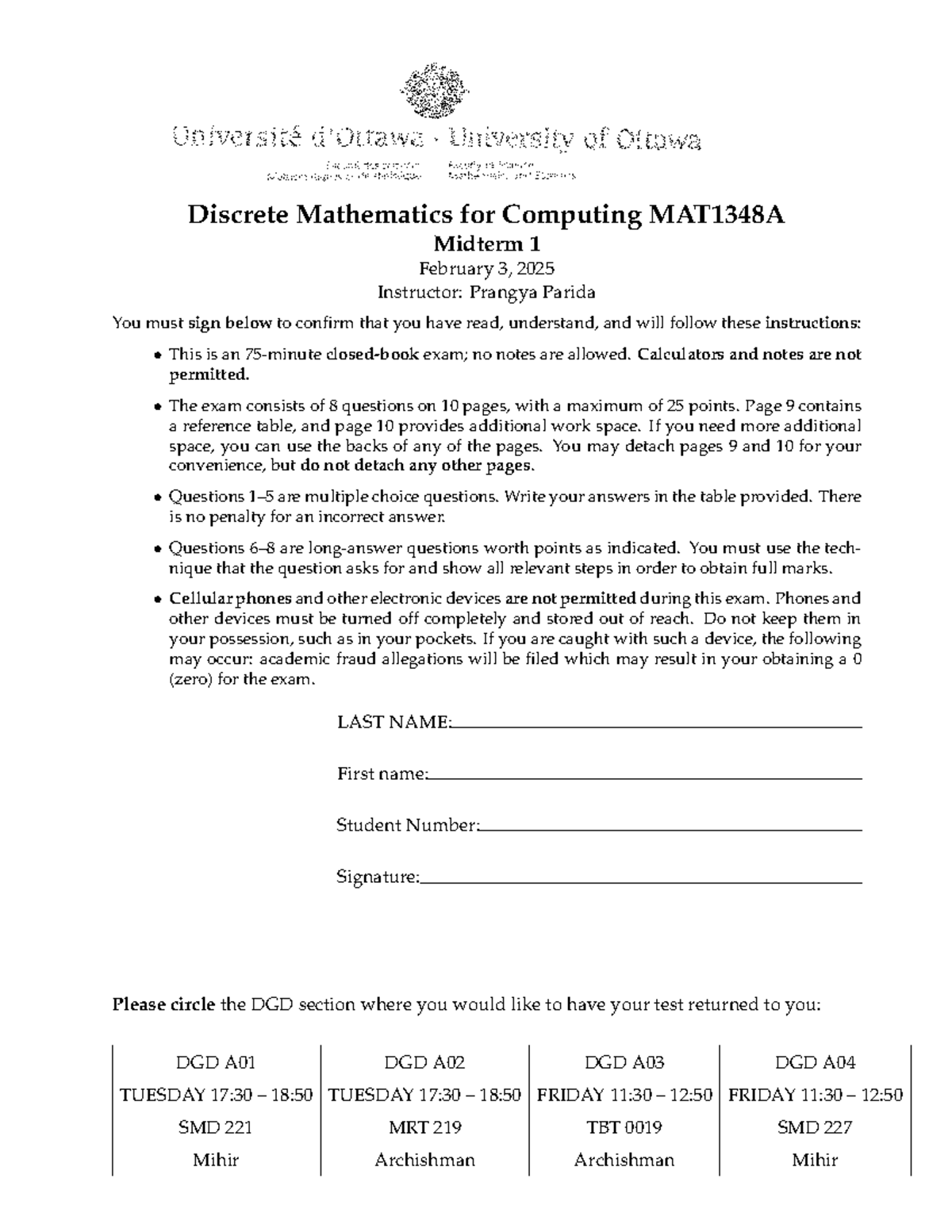 Discrete Mathematics for Computing MAT1348A Midterm 1 Instructions ...
