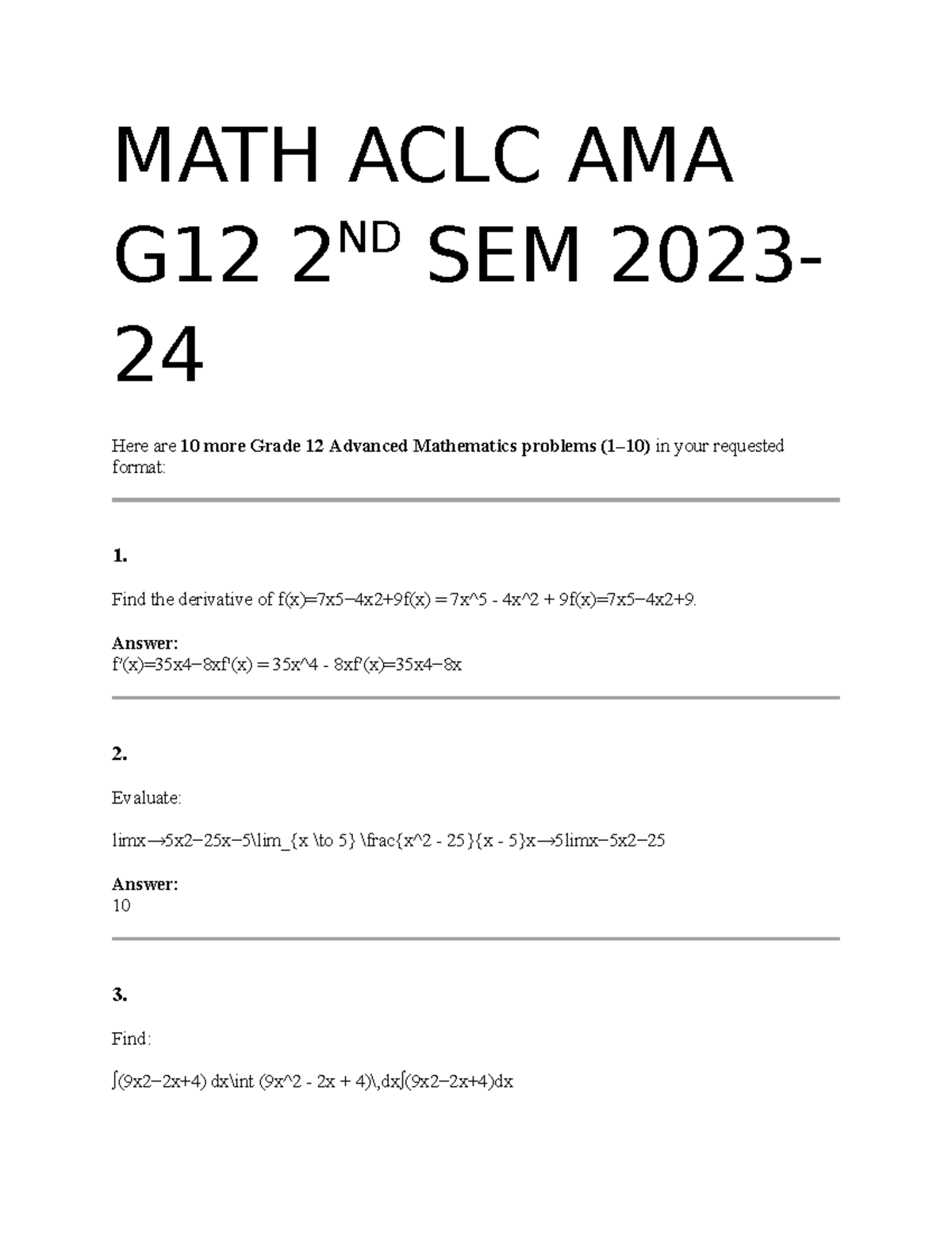 MATH ACLC AMA G12 2ND SEM 2024 Advanced Math Problems - Studocu