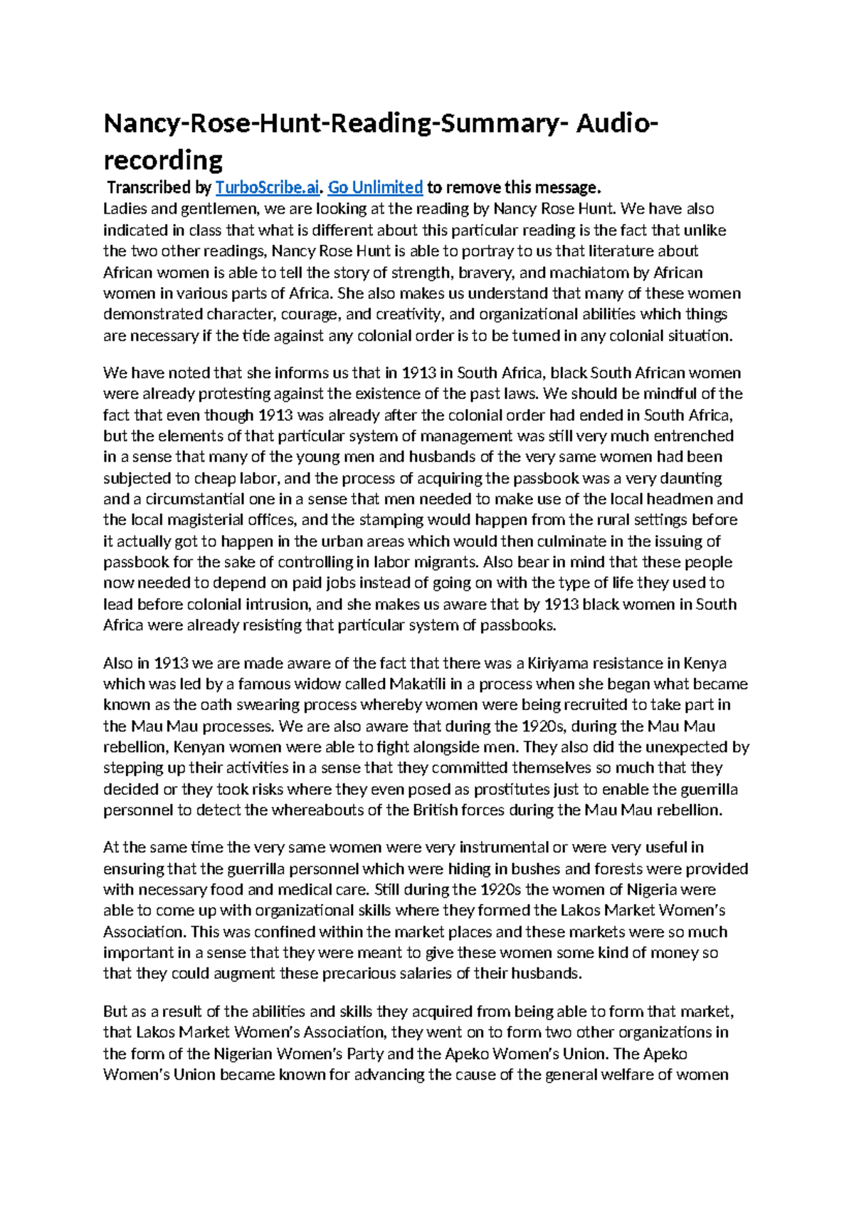 Nancy Rose Hunt Reading Summary: Insights on African Women’s Resistance ...