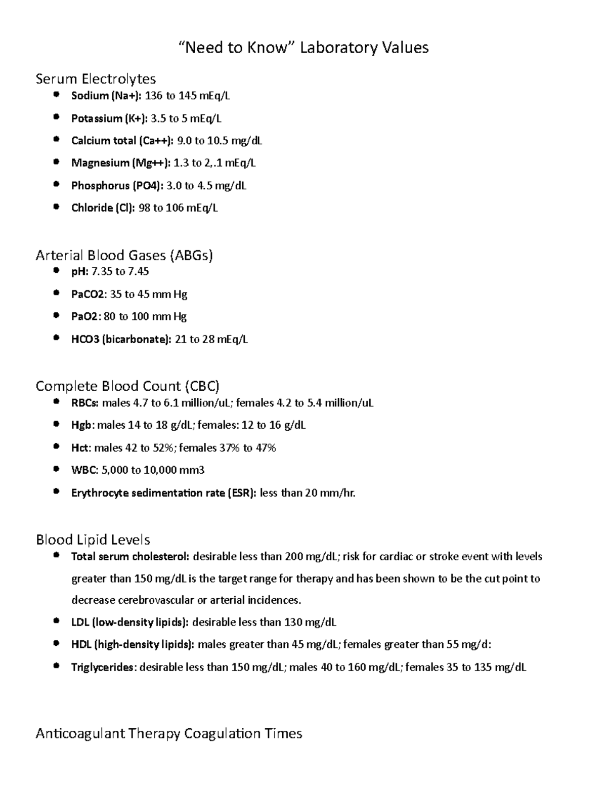 Nutrition and Labs - “Need to Know” Laboratory Values Serum ...