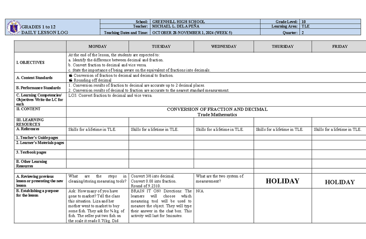 Q2-W5 Daily Lesson Log for TLE - Grade 10 at Greenhill HS - Studocu