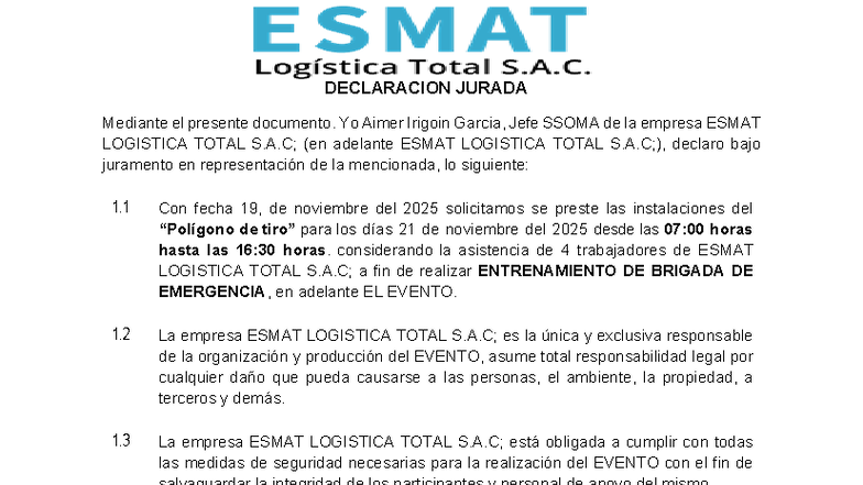 Carta de No Responsabilidad - ESMAT LOGISTICA TOTAL - Studocu