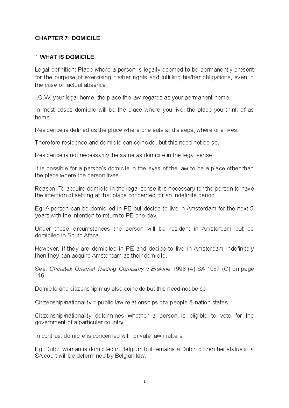 CH 7 Domicile - Summary of Chapter 7 - CHAPTER 7: WHAT IS definition ...