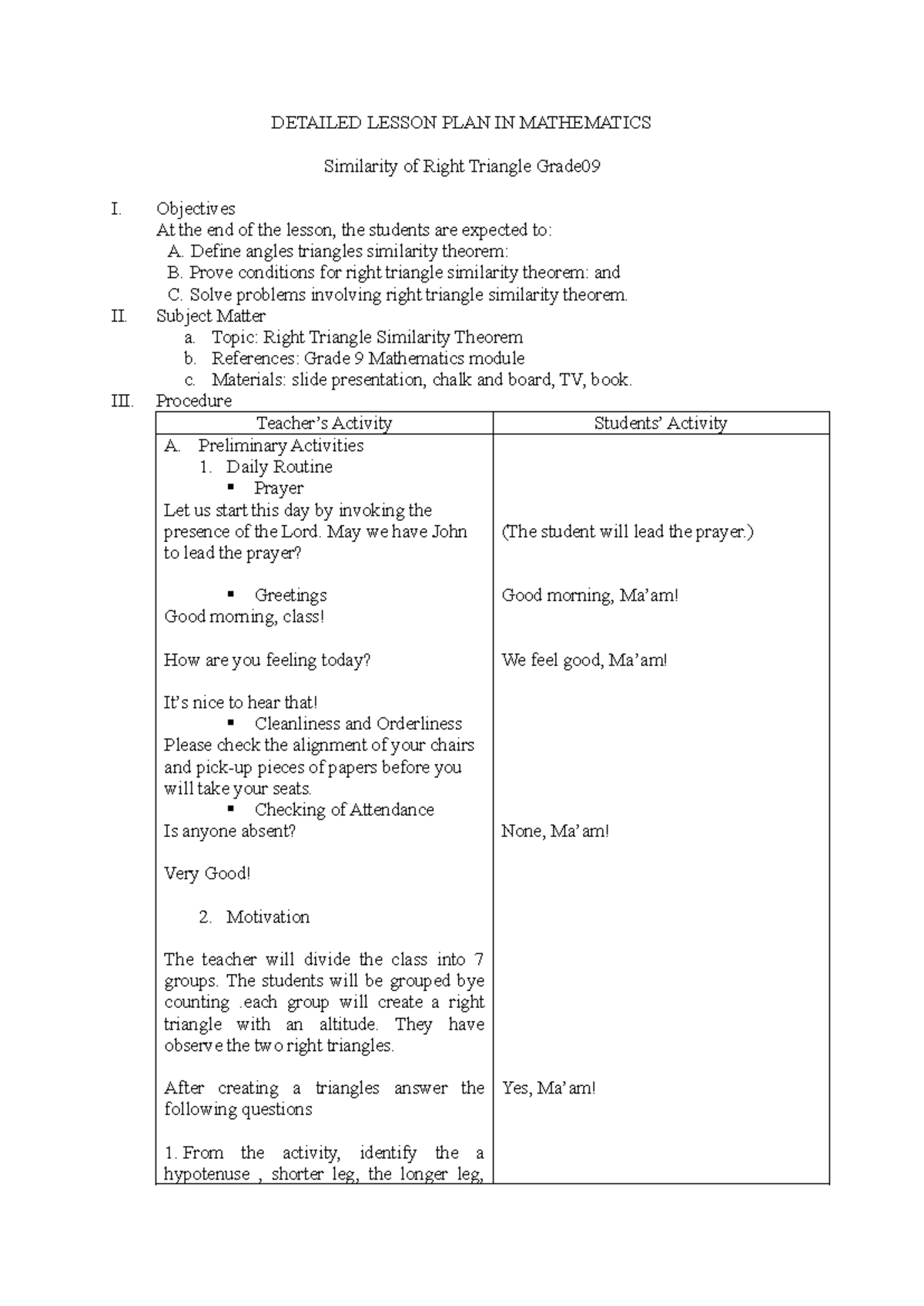 Detailed Lesson Plan in Mathematics: Right Triangle Similarity (Grade ...