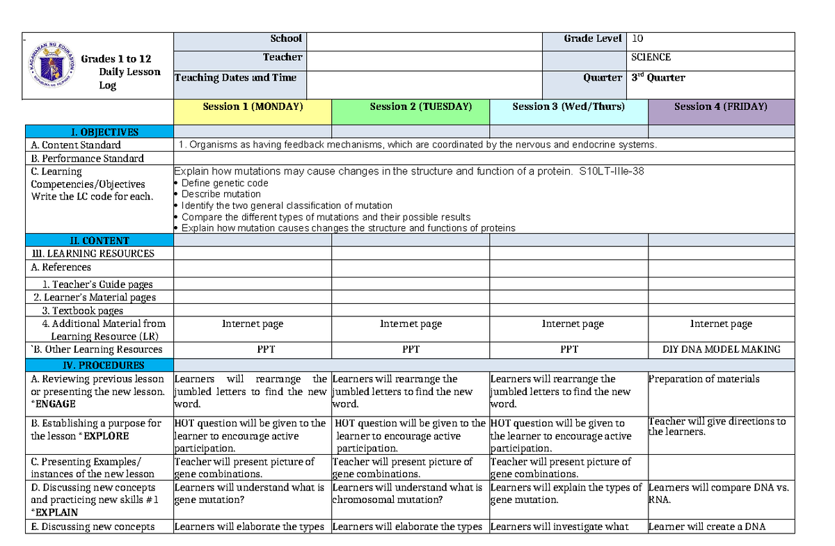 Mutation - Science Lesson Plan for Grade 10 (Quarter 3) - Studocu