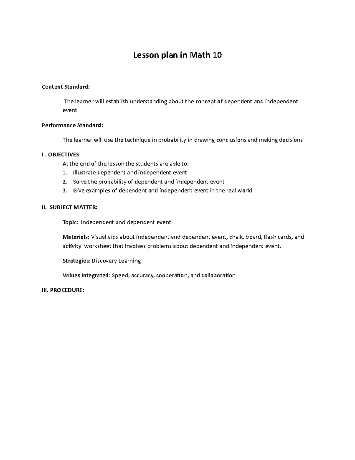 Lesson Plan Math 10 Independent and dependent event 1 - Lesson plan in ...